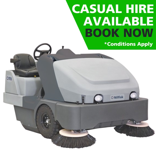 Hire Nilfisk SW8000 Industrial Ride-On Sweeper, Available in LPG or Diesel.